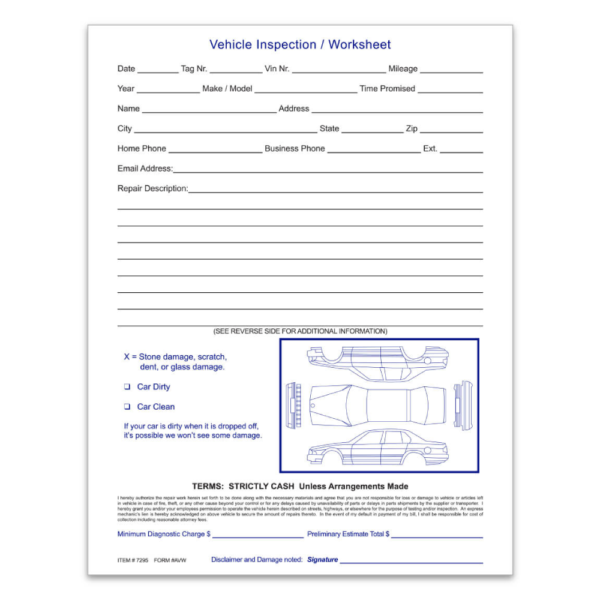 Vehicle Inspection Worksheet (1 Pad) – Wholesale Auto Dealer Supplies