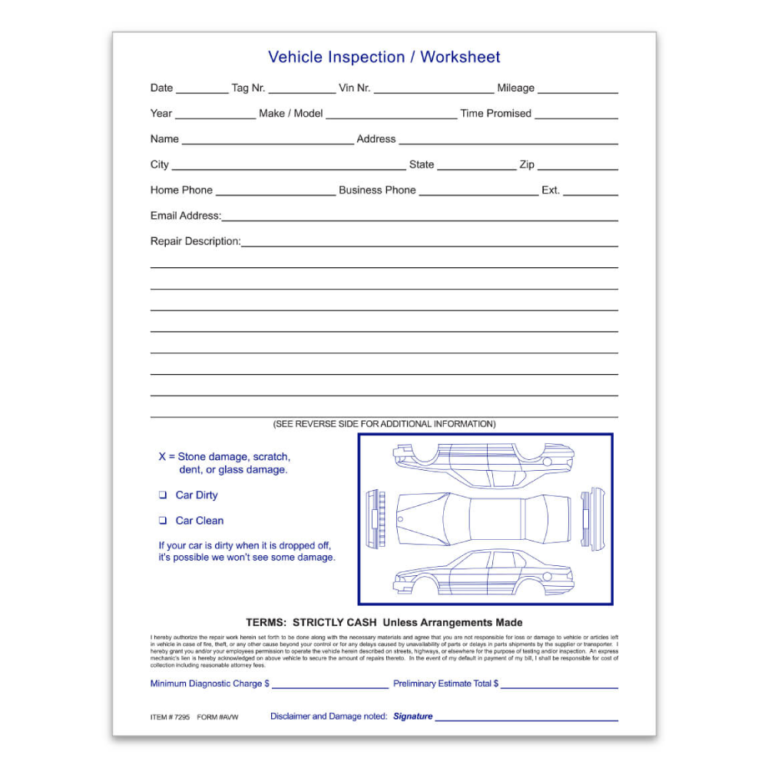 Vehicle Inspection Worksheet (1 Pad) – Wholesale Auto Dealer Supplies
